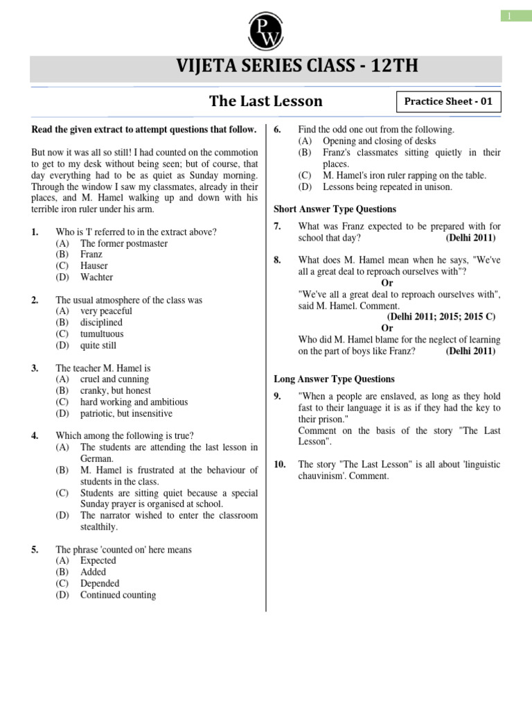 Flamingo - The Last Lesson - Practice Sheet 01 - VIJETA SERIES CLASS-12TH | PDF