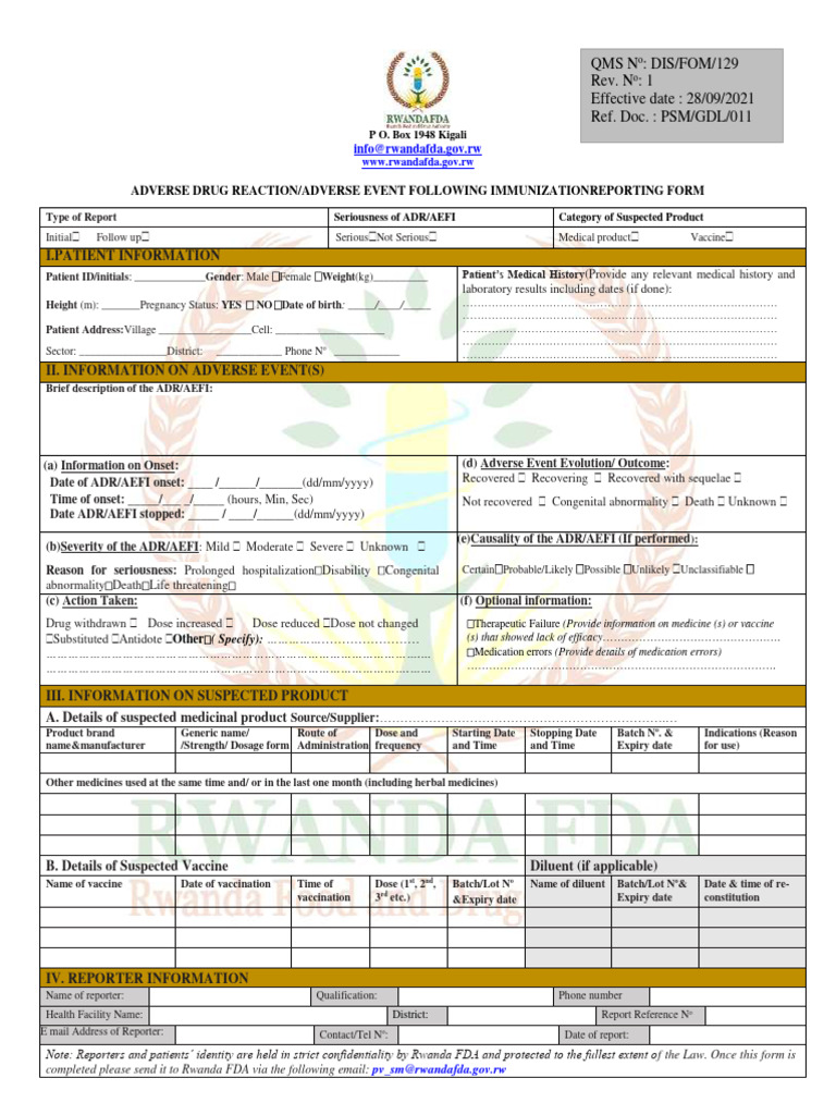 AEFI Reporting Form for Rwanda | PDF