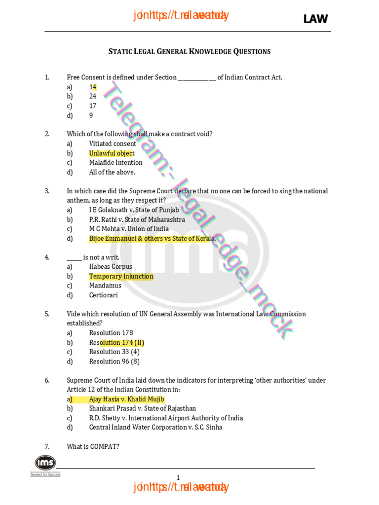 Legal Static GK (Mhcet, Slat) | PDF