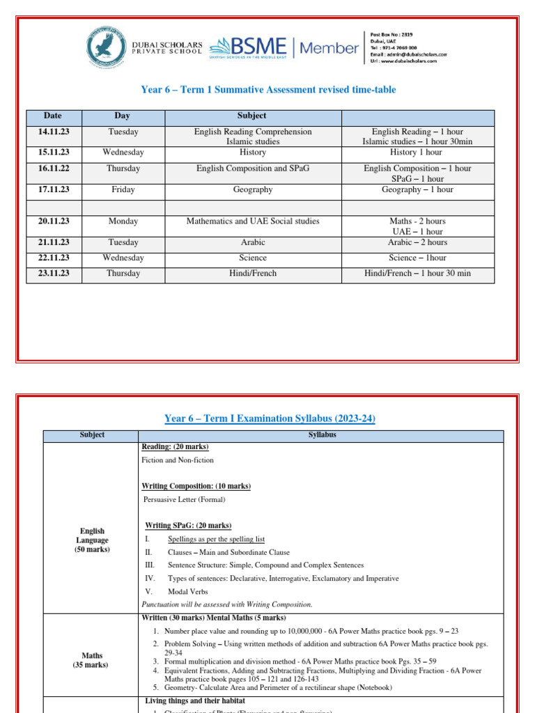 Year 6 - Term 1 - Revised Time-Table 2023-24 | PDF | Grammatical Conjugation | Mathematics