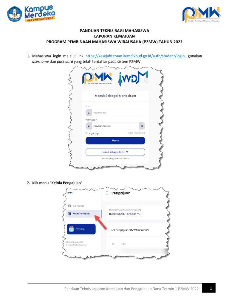 Panduan Teknis Bagi Mahasiswa Untuk Laporan Kemajuan Dan Laporan Penggunaan Dana Termin 1 p2mw ...