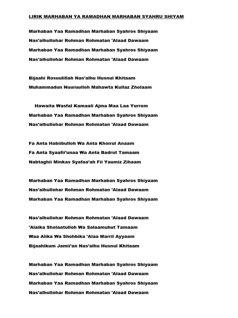 Lirik Marhaban Ya Ramadhan Marhaban Syahru Shiyam | PDF
