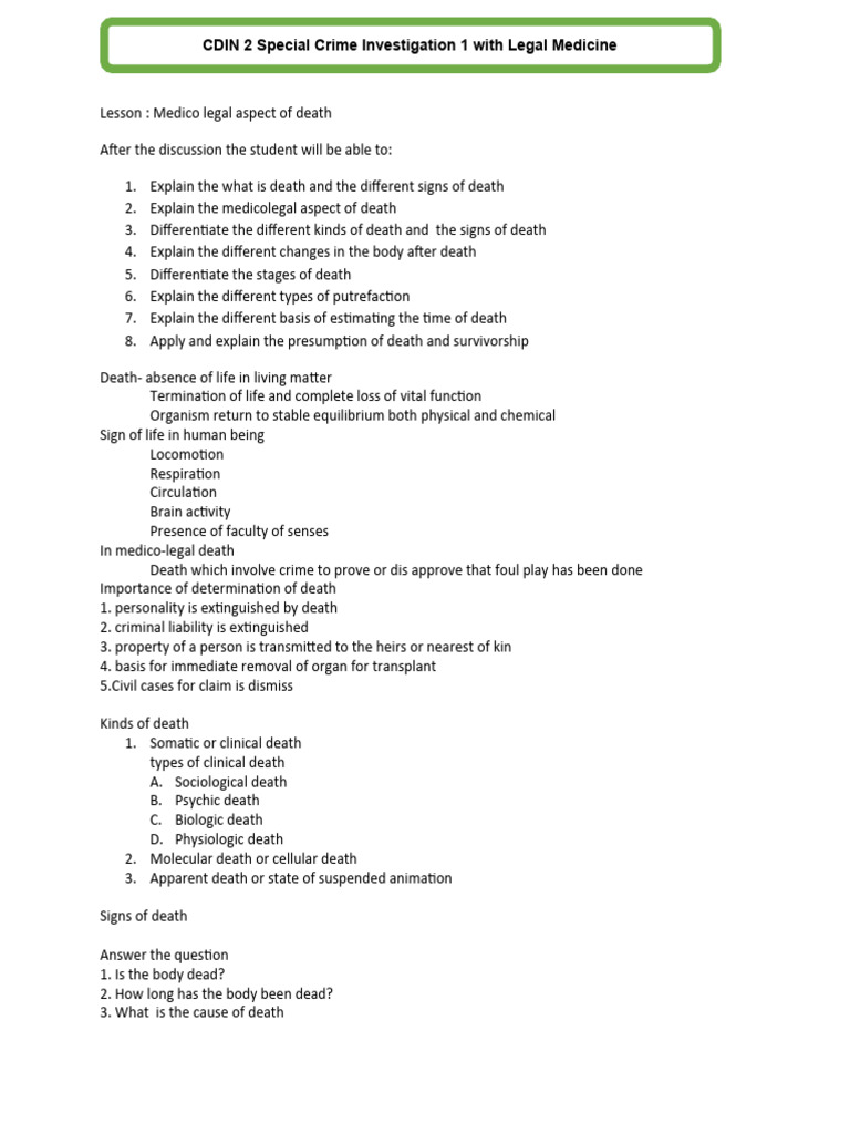 Lesson Medicolegal Aspect of Death | PDF