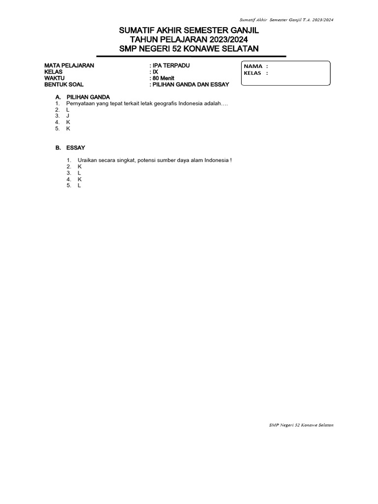 Contoh Format Soal Pas | PDF