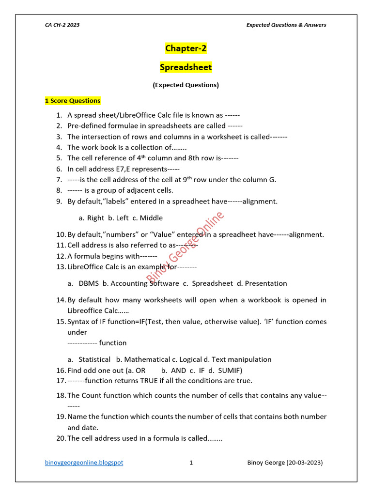 +2 Computerised Accounting, CH-2 Spreadsheet, Expected Questions With Answers - Binoy George ...