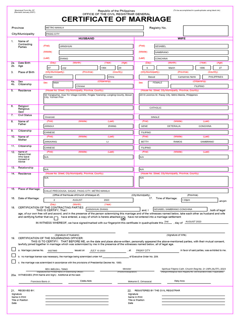 Certificate of Marriage: Husband Wife | PDF | Affidavit | Marriage