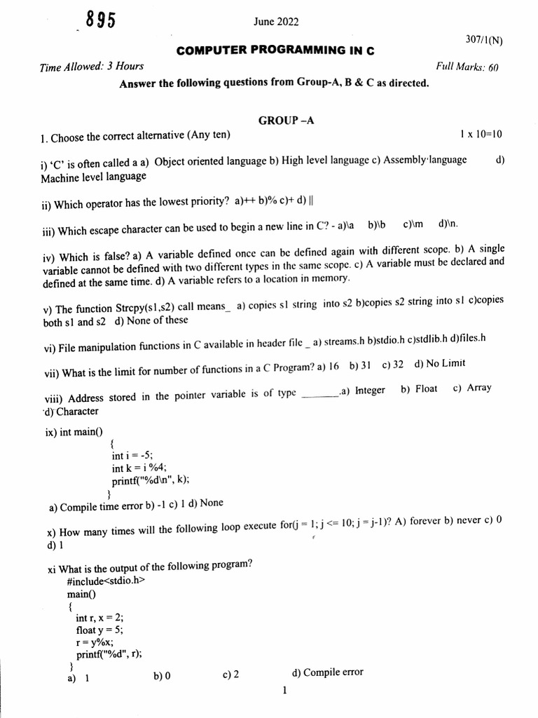 CST 3 Sem Computer Programmin in C 307 1 N Jun 2022 | PDF | Pointer (Computer Programming) | C ...