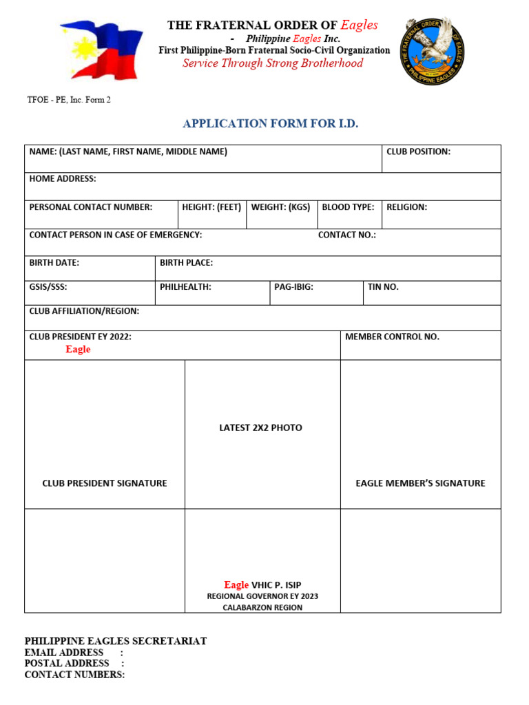 Philippine Eagles Membership Application Form | PDF