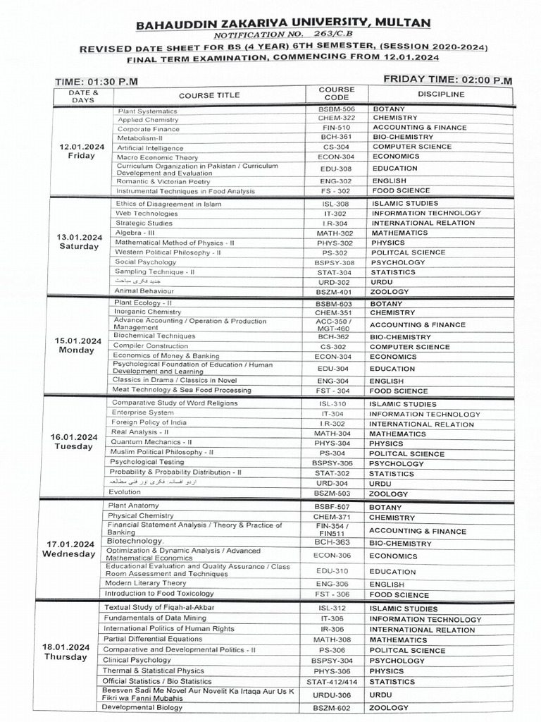 Final Date Sheet 6th 21-Dec-2023 14-39-38 | PDF