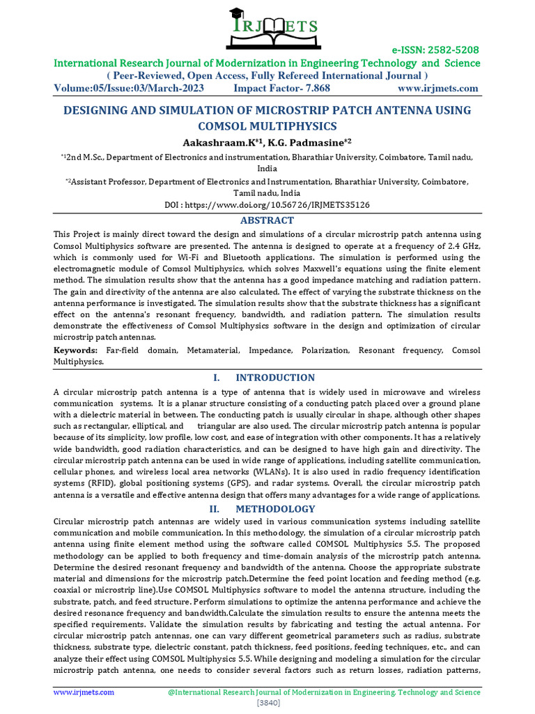 Design and Simulation of Microstrip Patch Antenna Using COMSOL | PDF | Antenna (Radio ...