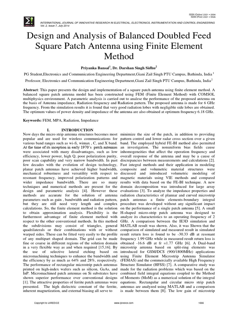 Design and Analysis of Balanced Doubled Feed Square Patch Antenna Using Finite Element Method ...