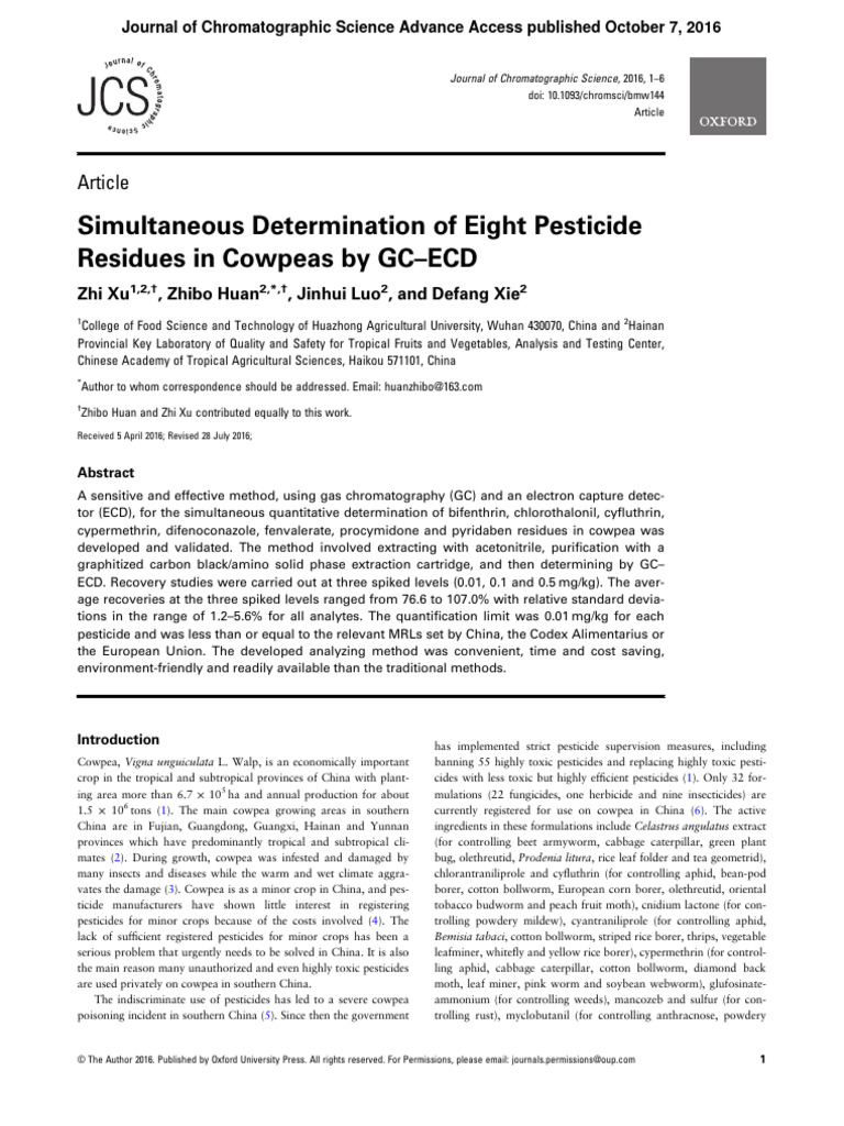 Simultaneous Determination of Eight Pesticide GC ECD | PDF | Gas Chromatography | Detection Limit