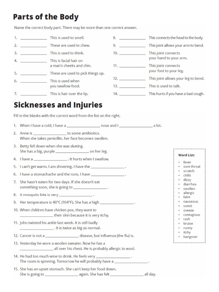 Illnesses & Injuries Worksheet | PDF