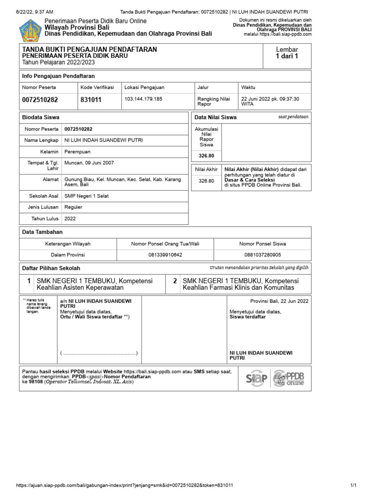 Tanda Bukti Pengajuan Pendaftaran - 0072510282 - Ni Luh Indah Suandewi Putri | PDF