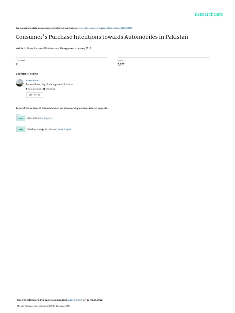 Consumers Purchase Intentions Towards Automobiles in Pakistan | PDF