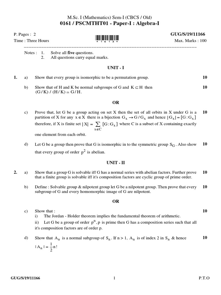 MSC 1 Sem Mathematics Algebra 1 11166 Summer 2019 | PDF | Group ...