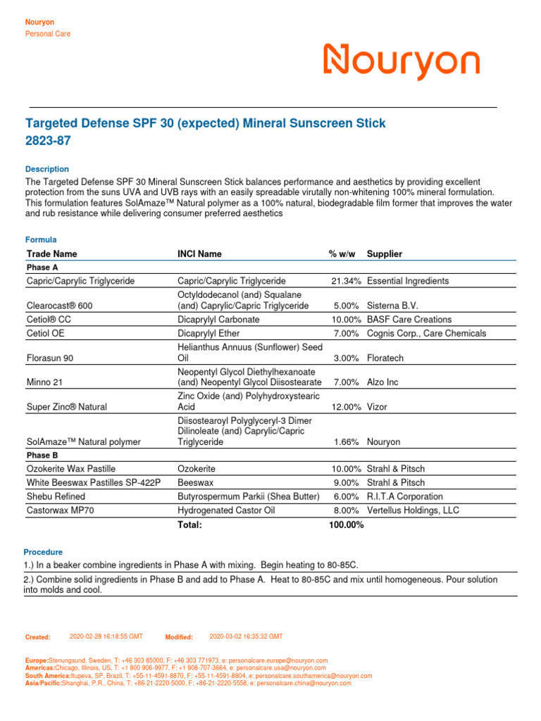 Targeted Defense SPF 30 (Expected) Mineral Sunscreen Stick - 2823-87 | PDF