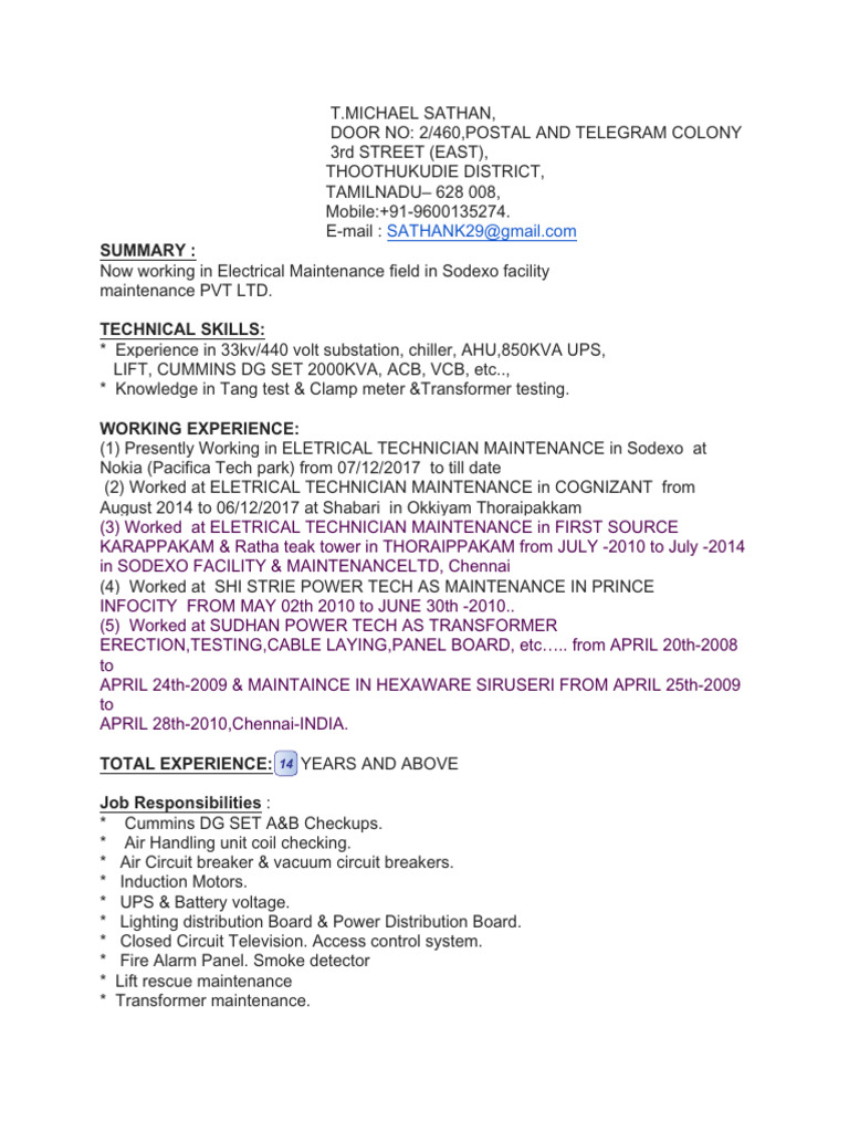 MICHAEL RESUME Electrical Facility | PDF