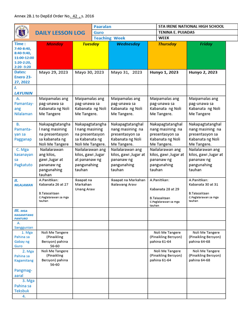 DLL-Daily-Lesson-Log-Template-DO-42-s-2016 - May 29 - June 2, 2023 | PDF