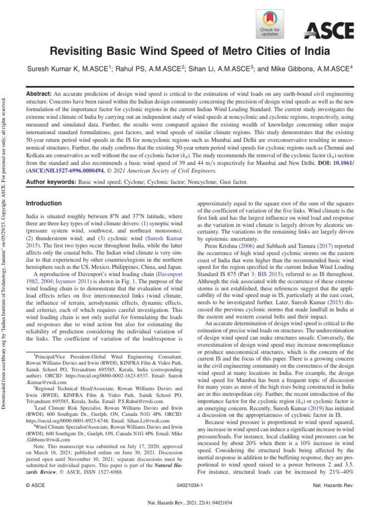 Revisiting Basic Wind Speeds of Metro Cities of India - ASCE 2021 | PDF