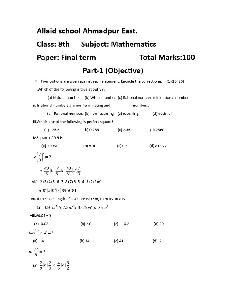 class 8th Annual part1 objective | PDF