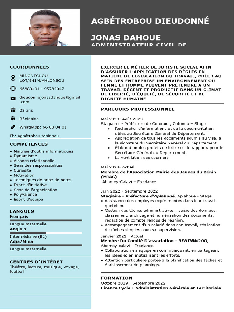 CV d'Administrateur Civil Béninois | PDF | Évolution de carrière