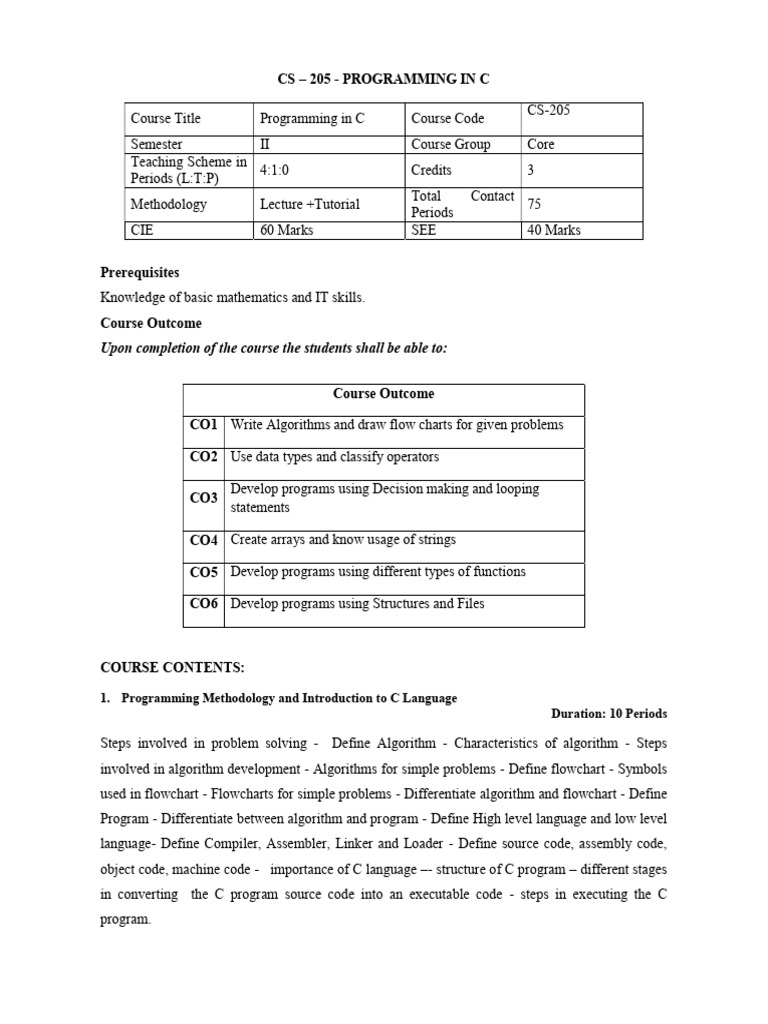 Cs 205 Prog in C Syl | PDF | Programming | Computer Program
