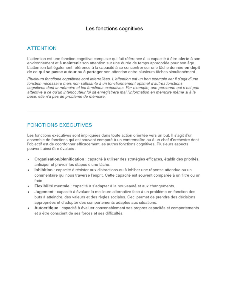Les Fonctions Cognitives | PDF
