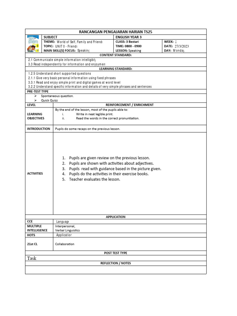 Lesson Plan For English Year 3 2023 | PDF | Career & Growth | Language ...