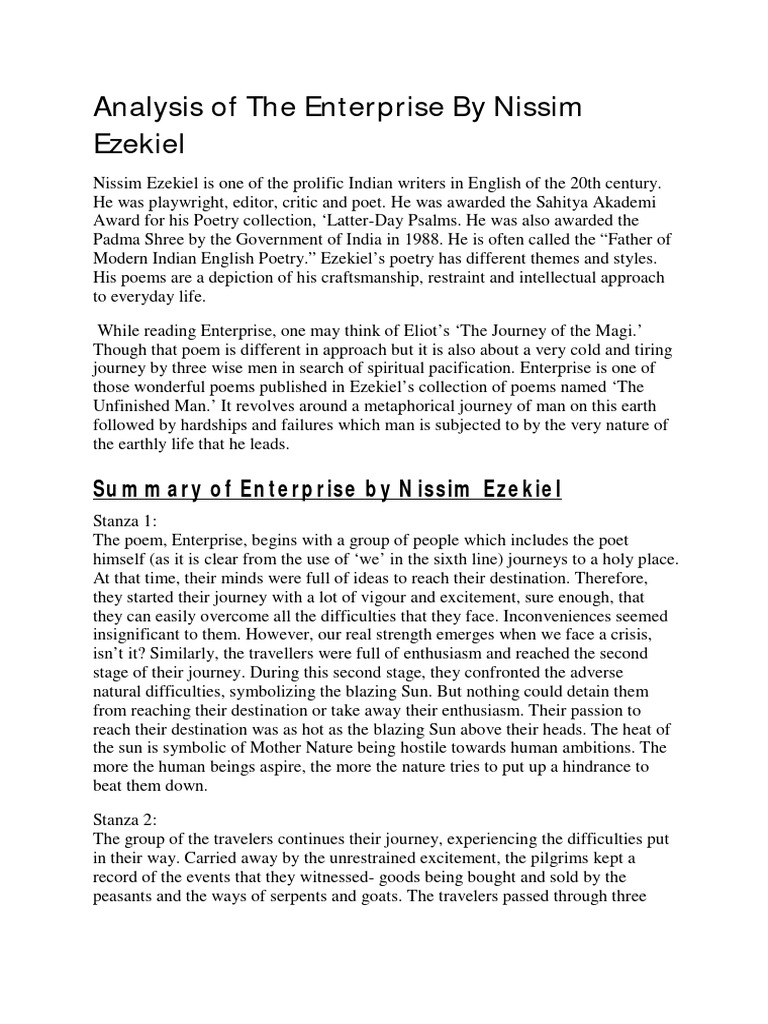 Analysis of Nissim Ezekiel's "Enterprise" | PDF | Poetry | General Fiction
