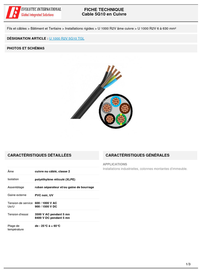 Fiche Technique Cable 5G10 en Cuivre: U 1000 R2V 5G10 TGL | PDF