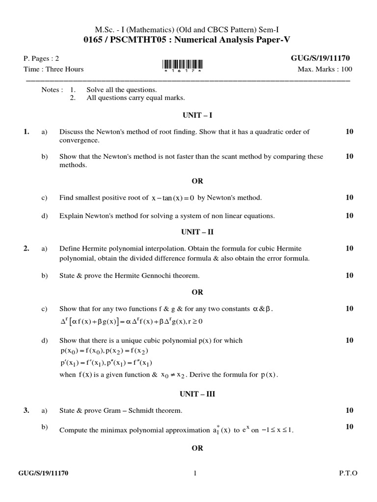 MSC 1 Sem Mathematics Numerical Analysis 11170 Summer 2019 | PDF | Polynomial | Algorithms