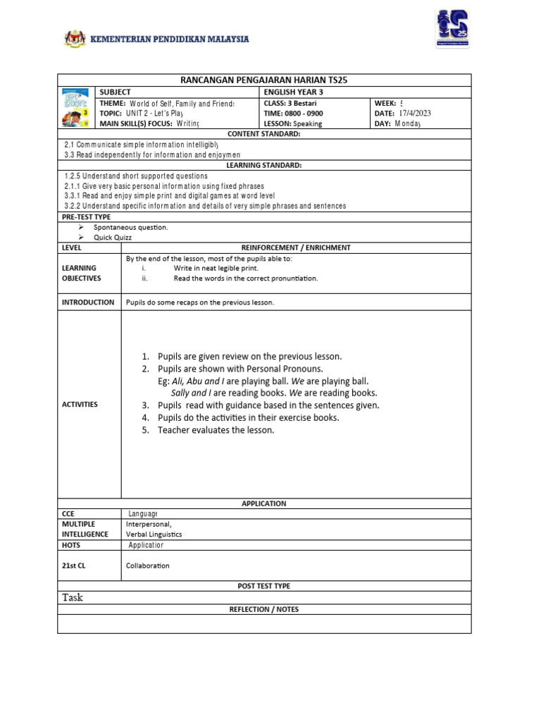 Rancangan Pengajaran Harian Bahasa Inggeris Tahun 2 | PDF | English Language | Communication