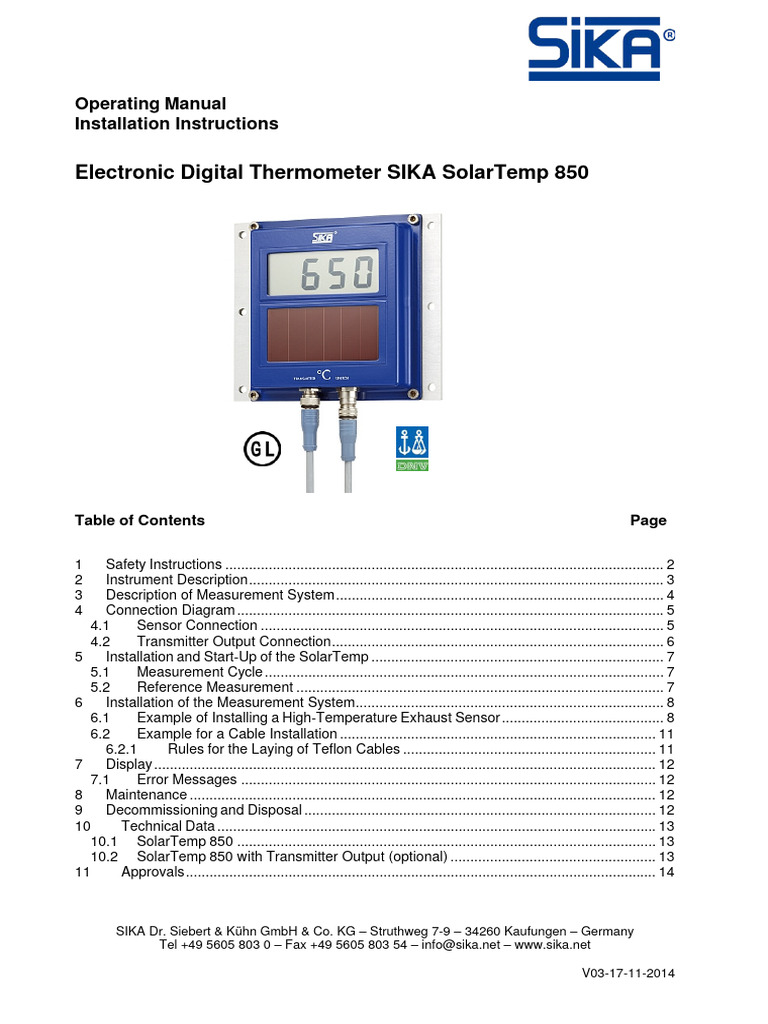 Sika Solartemp850 En Pdf Thermometer Sensor