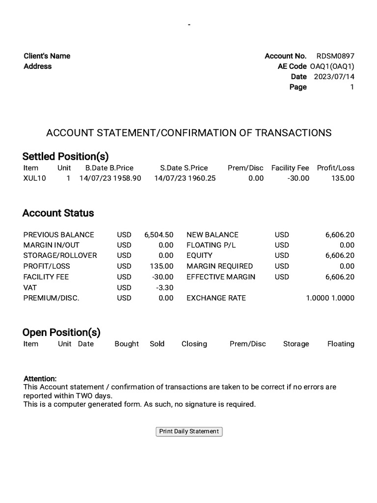 Account Statement/Confirmation of Transactions Settled Position(s) | PDF