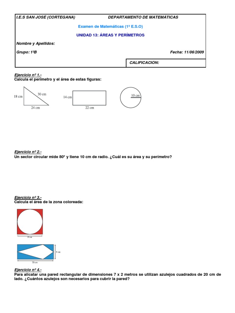 Examen de Áreas y Perímetros 1º E.S.O. | PDF | Métodos y materiales de ...