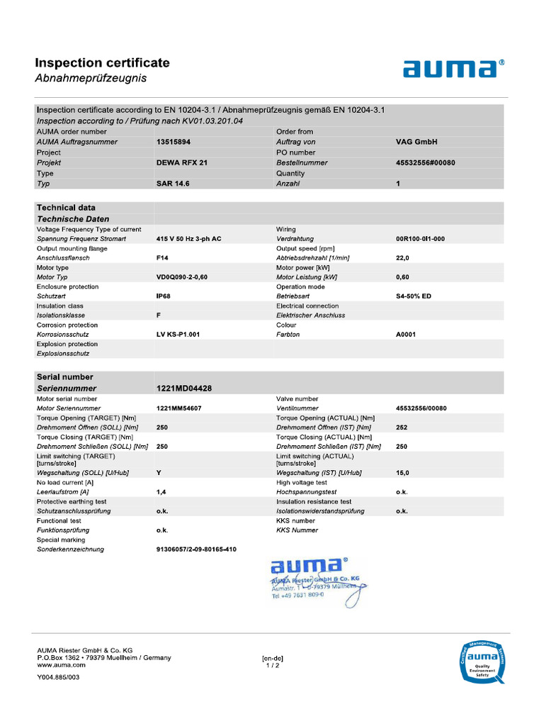 Actuator Sample Certificate | PDF