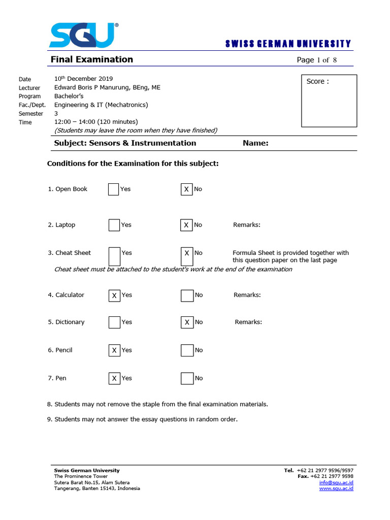 Final Exam Sensors - Instrumentation December 2019 | PDF
