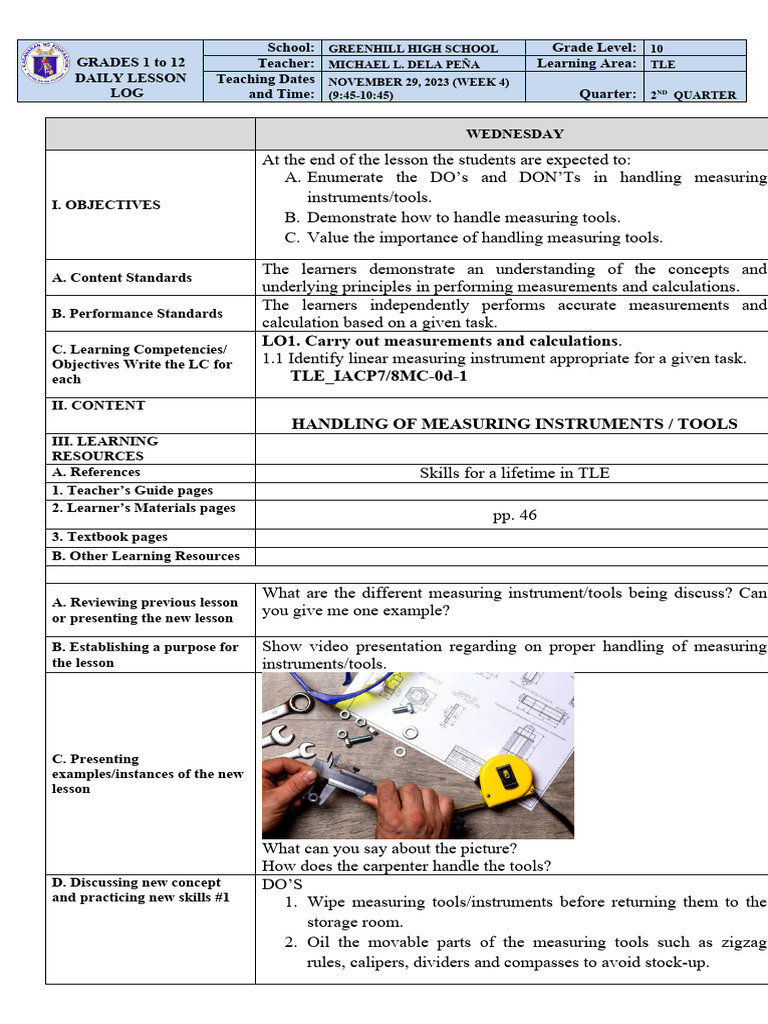 LO1. Carry Out Measurements and Calculations. TLE - IACP7/8MC-0d-1 Handling of Measuring ...