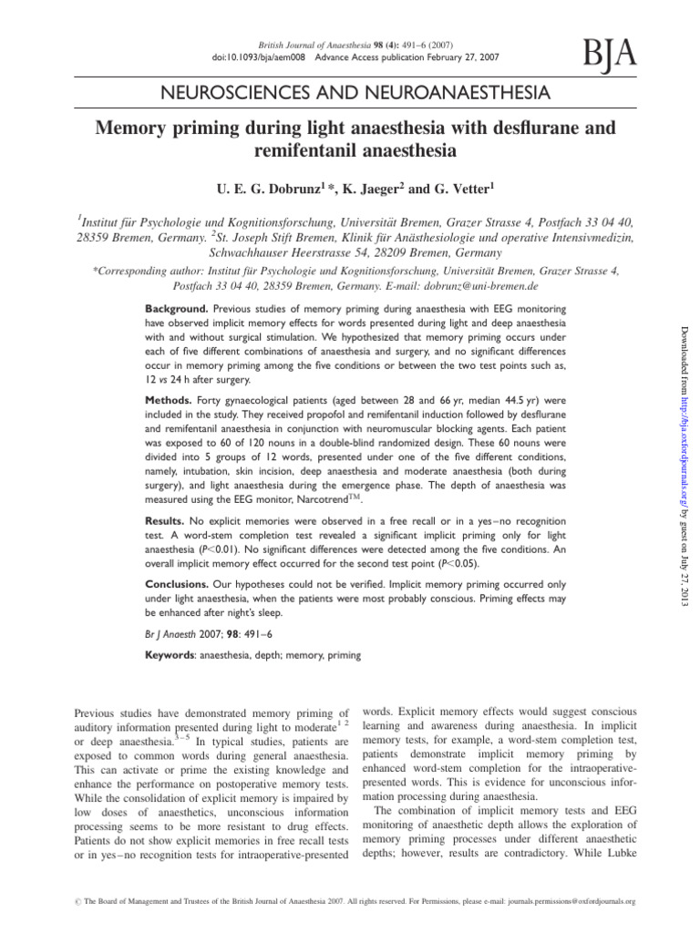 Memory priming during light anaesthesia with desﬂurane and | PDF
