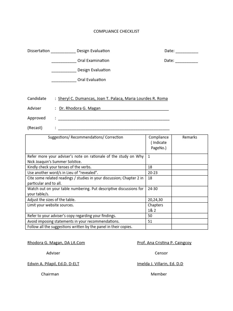 COMPLIANCE CHECKLISt Oral Defense | PDF
