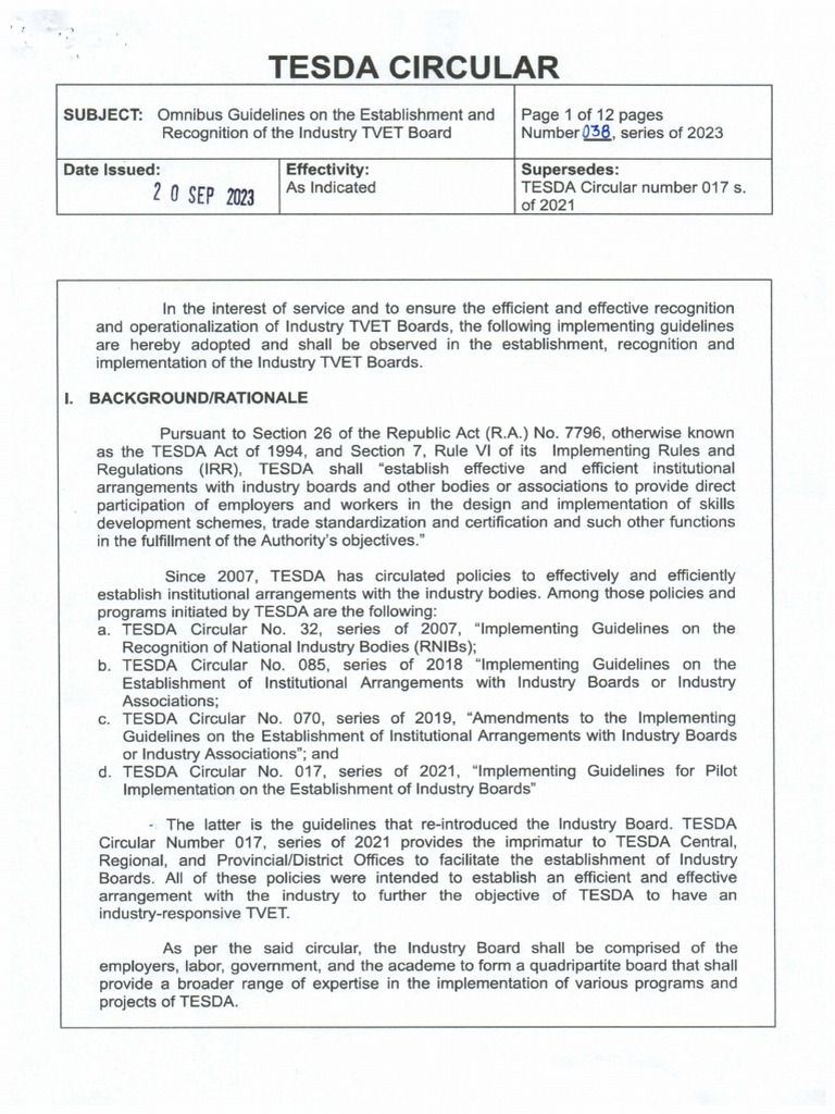 TESDA Circular 038: Industry TVET Board Guidelines | PDF | Vocational ...