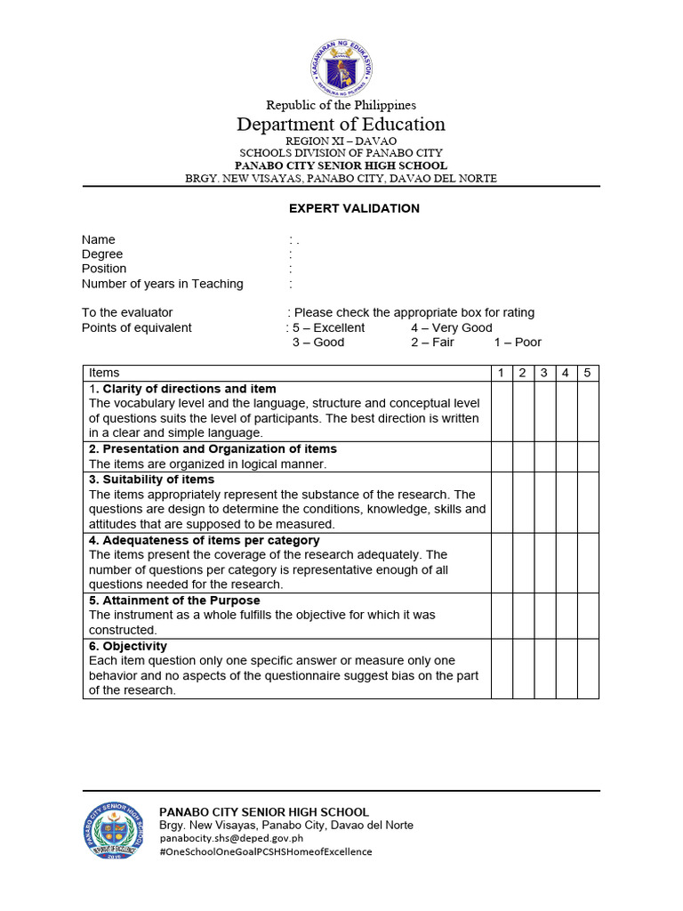 Questionnaire Validation Form Download Free Pdf Cognitive Science