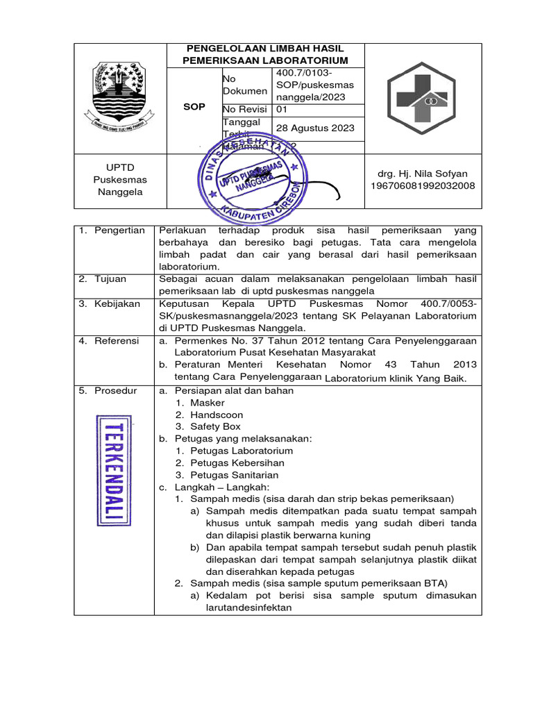 SOP PENGELOLAAN LIMBAH HASIL PEMERIKSAAN LABORATORIUM (Cap) | PDF