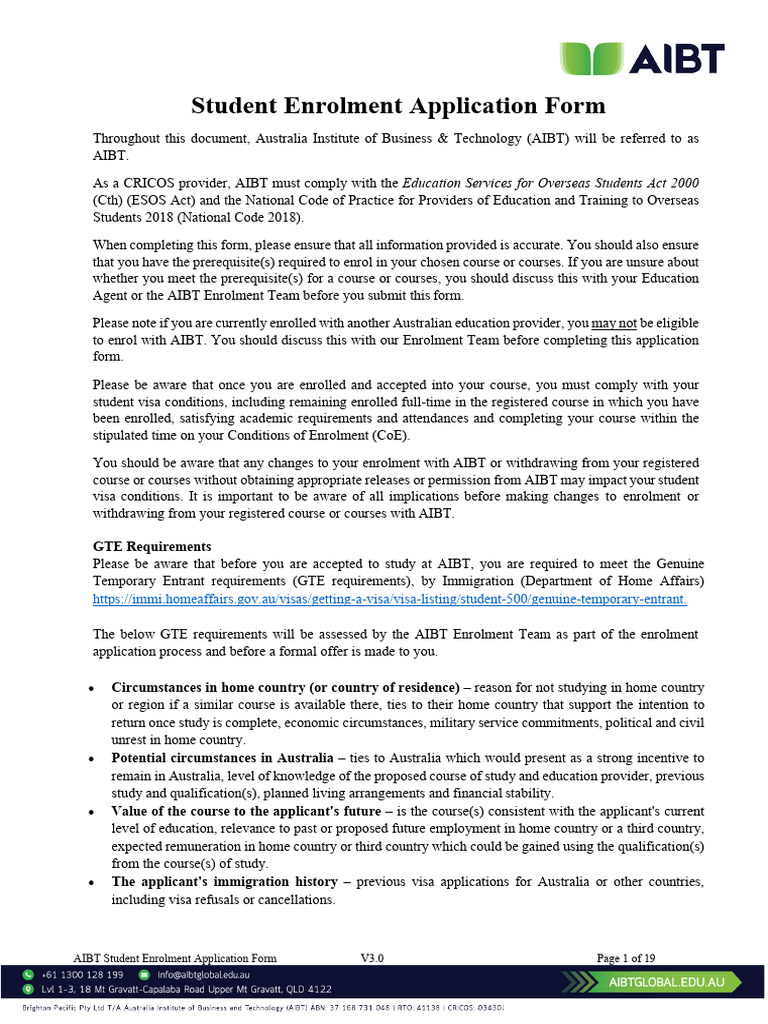 AIBT - Student - Enrolment - Application - Form V3.0-2023 | PDF