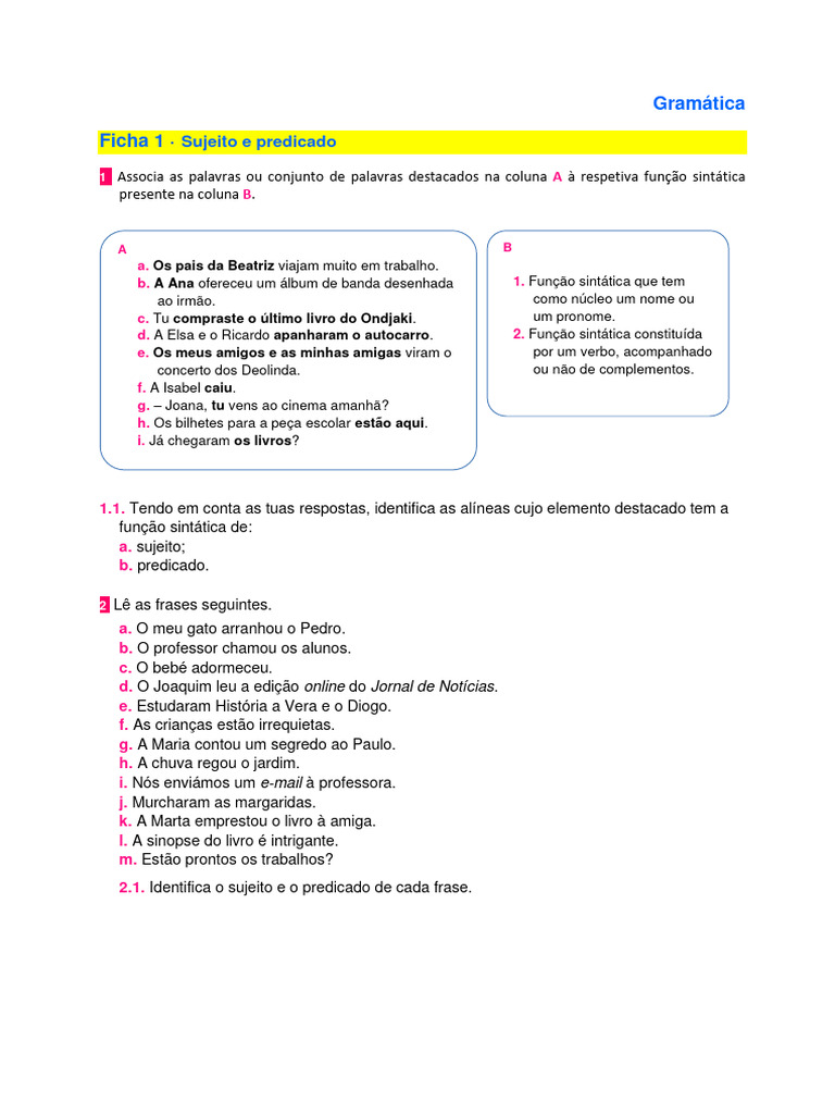 Ficha 1 - Sujeito e Predicado | PDF | Mecânica da linguagem | Gramática