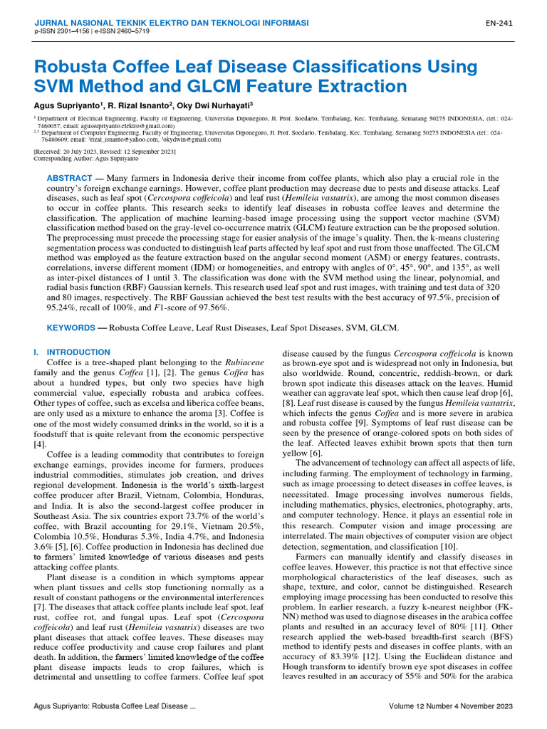 Robusta Coffee Leaf Disease Classifications Using SVM Method and GLCM Feature Extraction | PDF