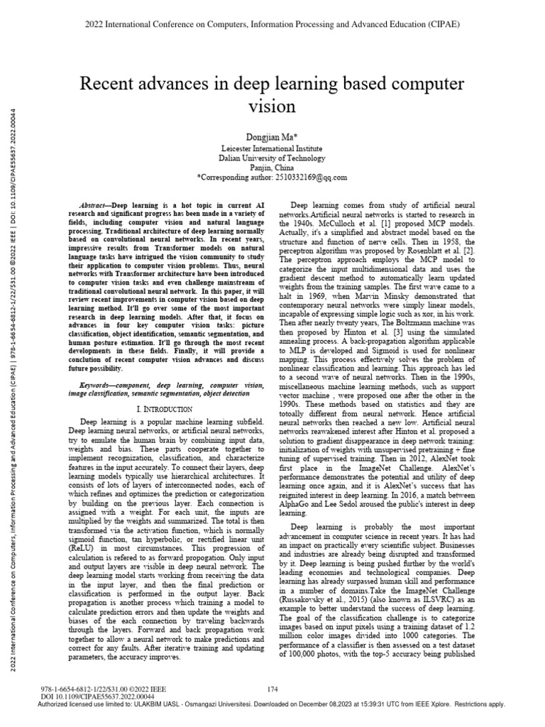 Recent Advances in Deep Learning Based Computer Vision | PDF | Deep Learning | Artificial Neural ...