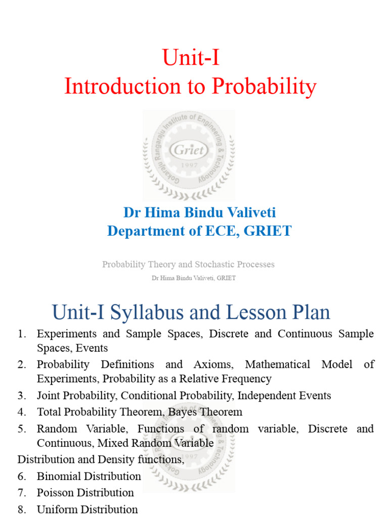 Unit-I Probability Theory and Stochastic Processes | PDF | Probability Distribution ...