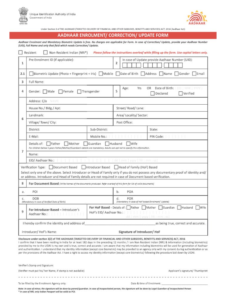 Adhaar Correction Form | PDF